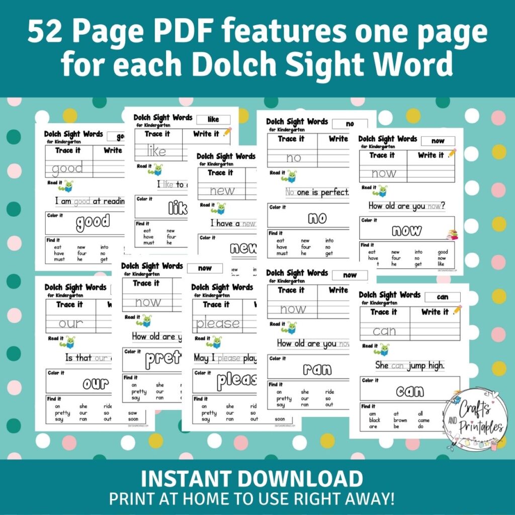 Dolch Sight Word List Worksheets For Kindergarten (52 Words) » Crafts ...